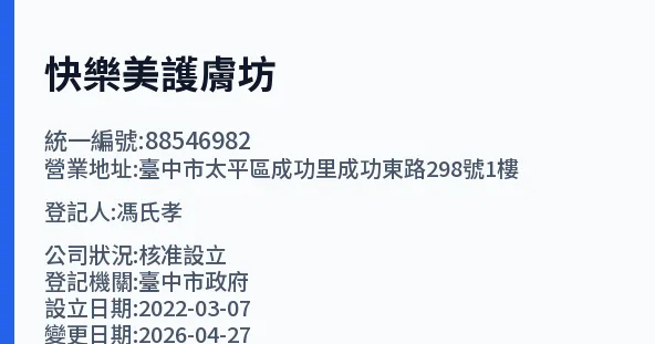 快樂美護膚坊的照片-統編 88546982(臺中市) 公司登記資料與營業項目詳細圖表