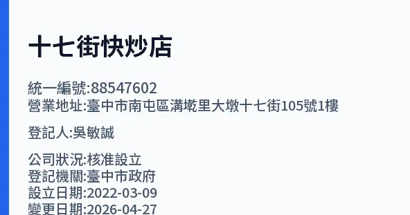 十七街快炒店的照片-統編 88547602(臺中市) 公司登記資料與營業項目詳細圖表