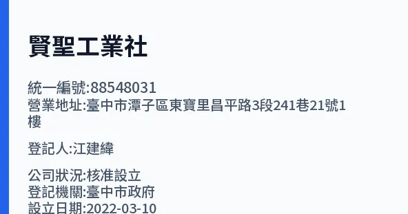 賢聖工業社的照片-統編 88548031(臺中市) 公司登記資料與營業項目詳細圖表