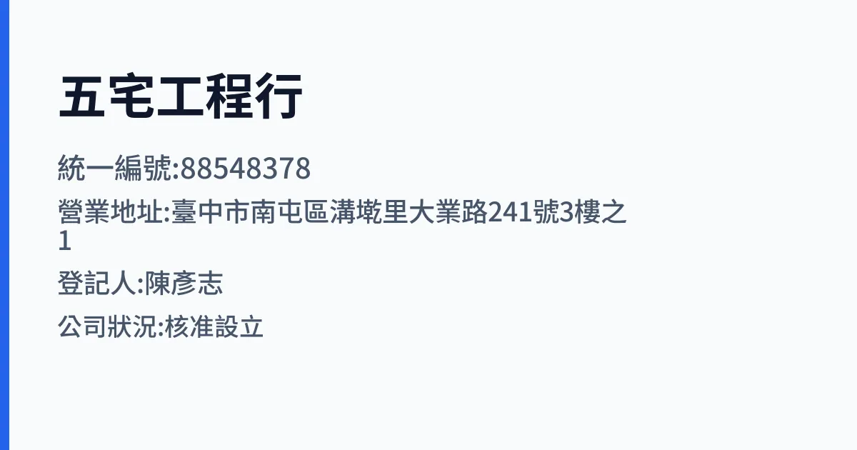 五宅工程行 - 統編 88548378(臺中市) 公司登記資料與營業項目詳細圖表