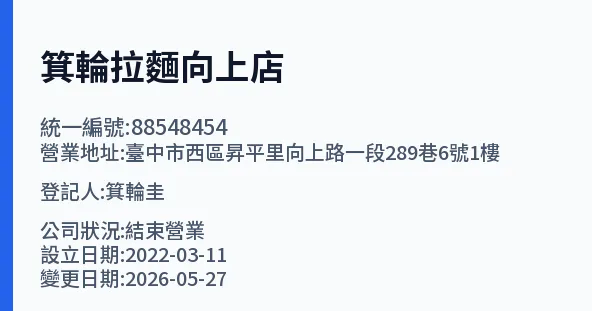 箕輪拉麵向上店的照片-統編 88548454(臺中市) 公司登記資料與營業項目詳細圖表