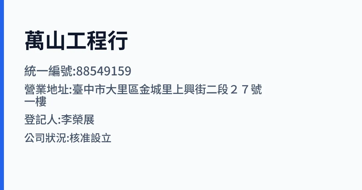 萬山工程行 - 統編 88549159(臺中市) 公司登記資料與營業項目詳細圖表