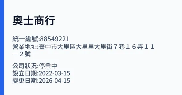 奧士商行的照片-統編 88549221(臺中市) 公司登記資料與營業項目詳細圖表