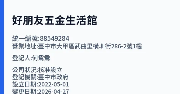 好朋友五金生活館的照片-統編 88549284(臺中市) 公司登記資料與營業項目詳細圖表