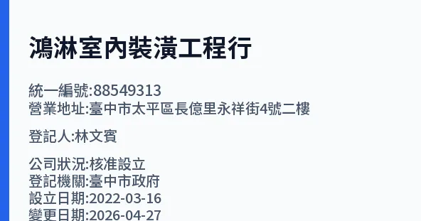 鴻淋室內裝潢工程行的照片-統編 88549313(臺中市) 公司登記資料與營業項目詳細圖表