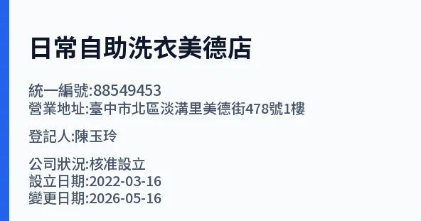 日常自助洗衣美德店的照片-統編 88549453(臺中市) 公司登記資料與營業項目詳細圖表