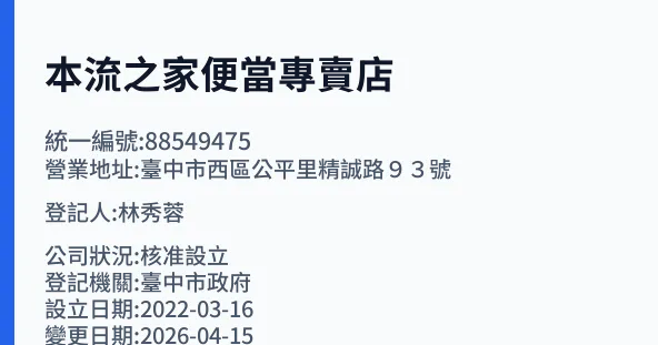 本流之家便當專賣店的照片-統編 88549475(臺中市) 公司登記資料與營業項目詳細圖表