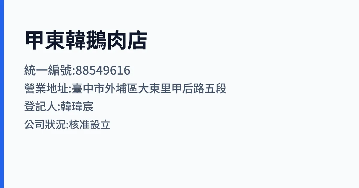 甲東韓鵝肉店 - 統編 88549616(臺中市) 公司登記資料與營業項目詳細圖表