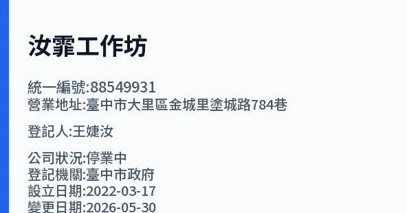 汝霏工作坊的照片-統編 88549931(臺中市) 公司登記資料與營業項目詳細圖表
