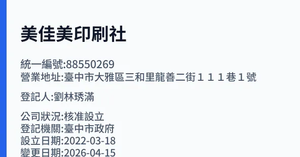 美佳美印刷社的照片-統編 88550269(臺中市) 公司登記資料與營業項目詳細圖表