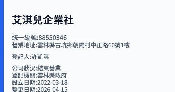 艾淇兒企業社的照片-統編 88550346(雲林縣) 公司登記資料與營業項目詳細圖表