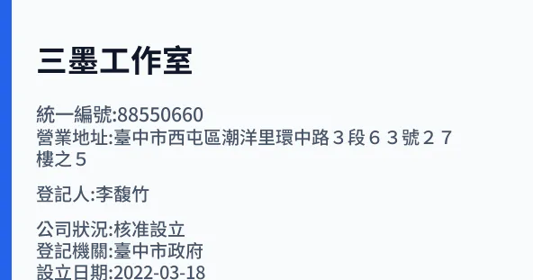 三墨工作室的照片-統編 88550660(臺中市) 公司登記資料與營業項目詳細圖表