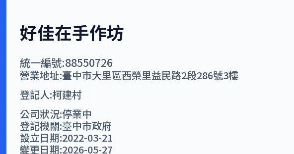 好佳在手作坊的照片-統編 88550726(臺中市) 公司登記資料與營業項目詳細圖表