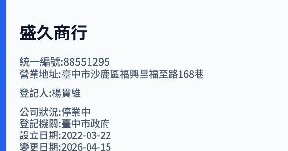 盛久商行的照片-統編 88551295(臺中市) 公司登記資料與營業項目詳細圖表