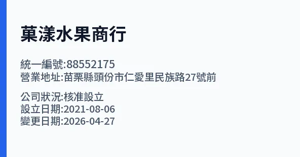 菓漾水果商行的照片-統編 88552175(苗栗縣) 公司登記資料與營業項目詳細圖表