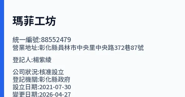 瑪菲工坊的照片-統編 88552479(彰化縣) 公司登記資料與營業項目詳細圖表