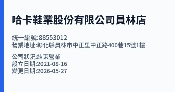 哈卡鞋業股份有限公司員林店的照片-統編 88553012(彰化縣) 公司登記資料與營業項目詳細圖表