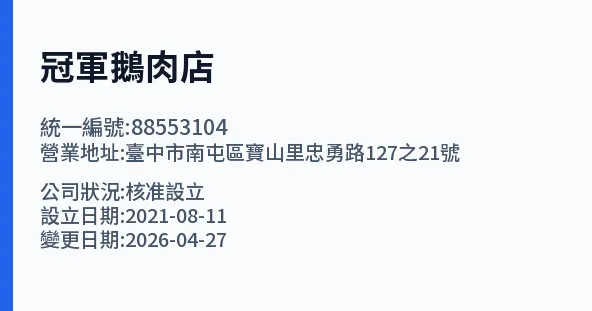 冠軍鵝肉店的照片-統編 88553104(臺中市) 公司登記資料與營業項目詳細圖表