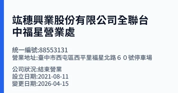 竑穗興業股份有限公司全聯台中福星營業處的照片-統編 88553131(臺中市) 公司登記資料與營業項目詳細圖表