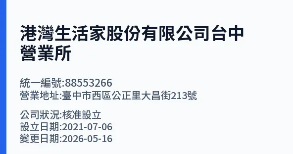 港灣生活家股份有限公司台中營業所的照片-統編 88553266(臺中市) 公司登記資料與營業項目詳細圖表