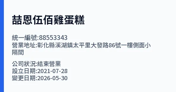 喆恩伍佰雞蛋糕的照片-統編 88553343(彰化縣) 公司登記資料與營業項目詳細圖表