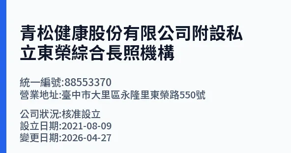 青松健康股份有限公司附設私立東榮綜合長照機構的照片-統編 88553370(臺中市) 公司登記資料與營業項目詳細圖表