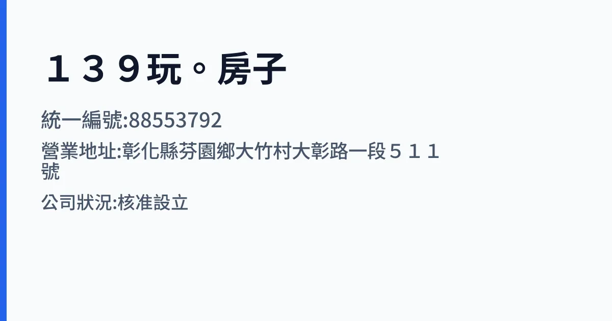 139玩。房子 - 統編 88553792(彰化縣) 公司登記資料與營業項目詳細圖表
