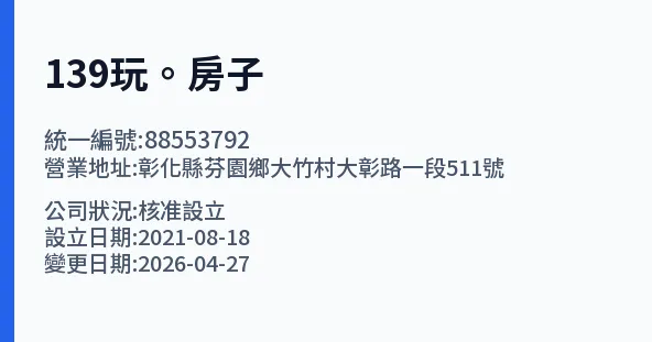 139玩。房子的照片-統編 88553792(彰化縣) 公司登記資料與營業項目詳細圖表