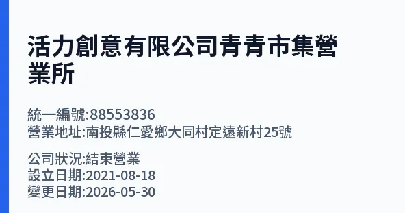 活力創意有限公司青青市集營業所的照片-統編 88553836(南投縣) 公司登記資料與營業項目詳細圖表