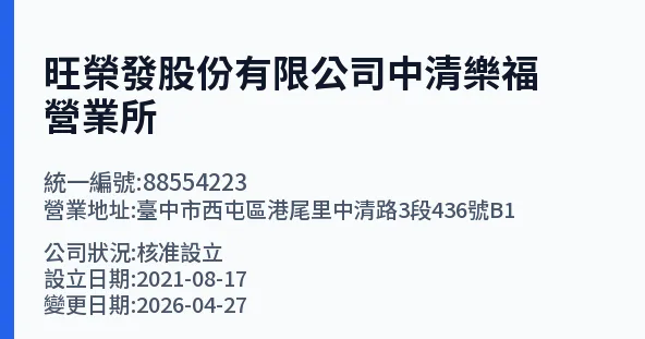 旺榮發股份有限公司中清樂福營業所的照片-統編 88554223(臺中市) 公司登記資料與營業項目詳細圖表