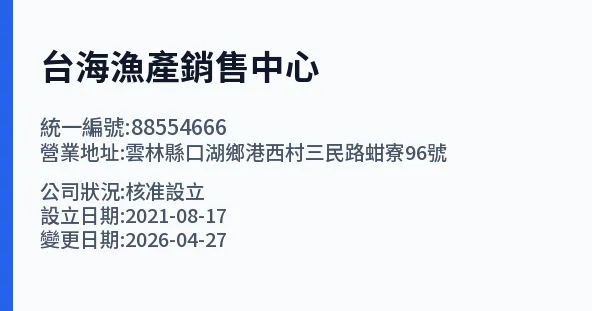 台海漁產銷售中心的照片-統編 88554666(雲林縣) 公司登記資料與營業項目詳細圖表