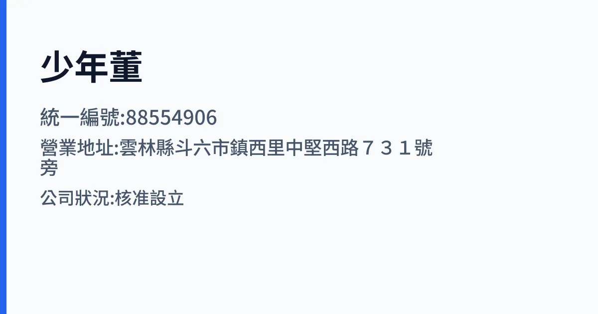 少年董 - 統編 88554906(雲林縣) 公司登記資料與營業項目詳細圖表