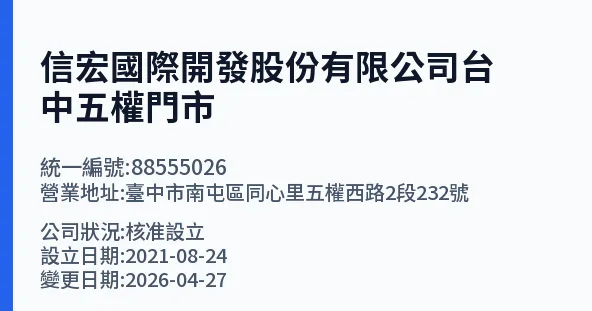 信宏國際開發股份有限公司台中五權門市的照片-統編 88555026(臺中市) 公司登記資料與營業項目詳細圖表