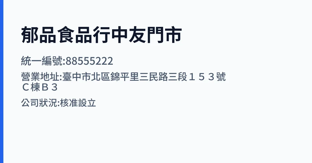 郁品食品行中友門市 - 統編 88555222(臺中市) 公司登記資料與營業項目詳細圖表