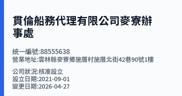 貫倫船務代理有限公司麥寮辦事處的照片-統編 88555638(雲林縣) 公司登記資料與營業項目詳細圖表