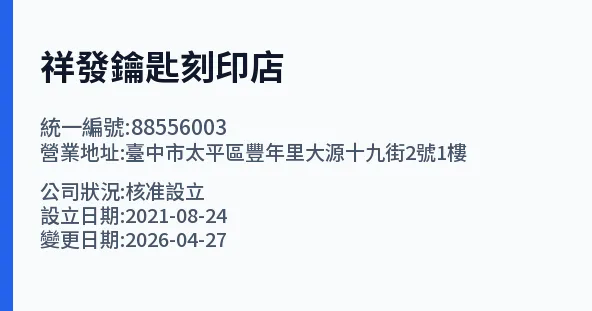 祥發鑰匙刻印店的照片-統編 88556003(臺中市) 公司登記資料與營業項目詳細圖表
