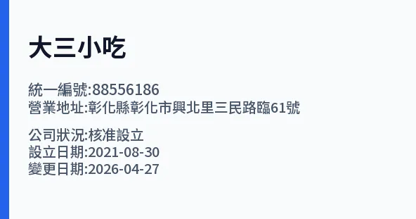 大三小吃的照片-統編 88556186(彰化縣) 公司登記資料與營業項目詳細圖表