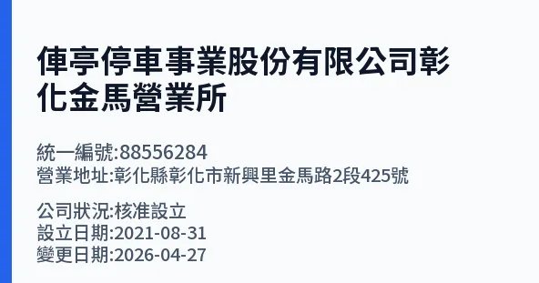 俥亭停車事業股份有限公司彰化金馬營業所的照片-統編 88556284(彰化縣) 公司登記資料與營業項目詳細圖表