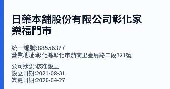 日藥本舖股份有限公司彰化家樂福門市的照片-統編 88556377(彰化縣) 公司登記資料與營業項目詳細圖表