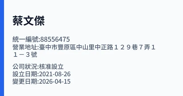 蔡文傑的照片-統編 88556475(臺中市) 公司登記資料與營業項目詳細圖表