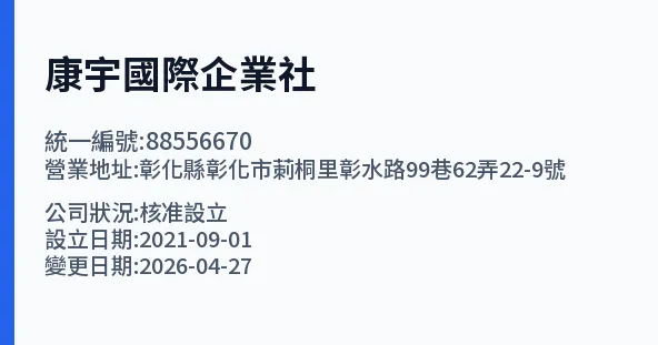 康宇國際企業社的照片-統編 88556670(彰化縣) 公司登記資料與營業項目詳細圖表