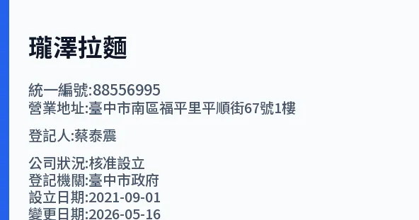 瓏澤拉麵的照片-統編 88556995(臺中市) 公司登記資料與營業項目詳細圖表