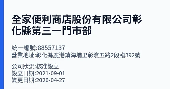 全家便利商店股份有限公司彰化縣第三一門市部的照片-統編 88557137(彰化縣) 公司登記資料與營業項目詳細圖表