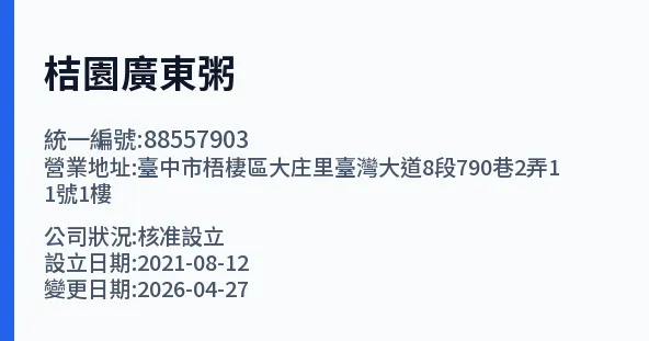 桔園廣東粥的照片-統編 88557903(臺中市) 公司登記資料與營業項目詳細圖表