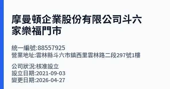 摩曼頓企業股份有限公司斗六家樂福門市的照片-統編 88557925(雲林縣) 公司登記資料與營業項目詳細圖表