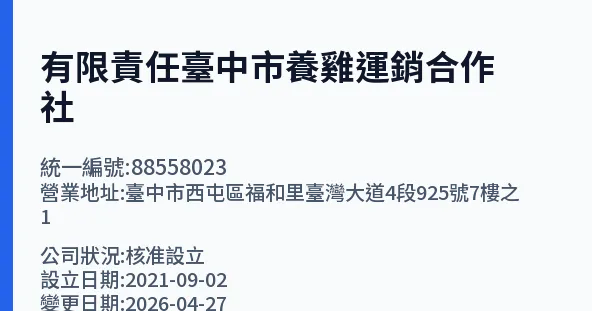 有限責任臺中市養雞運銷合作社的照片-統編 88558023(臺中市) 公司登記資料與營業項目詳細圖表