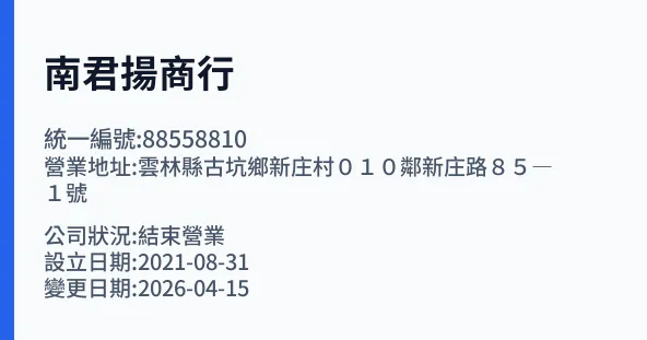 南君揚商行的照片-統編 88558810(雲林縣) 公司登記資料與營業項目詳細圖表