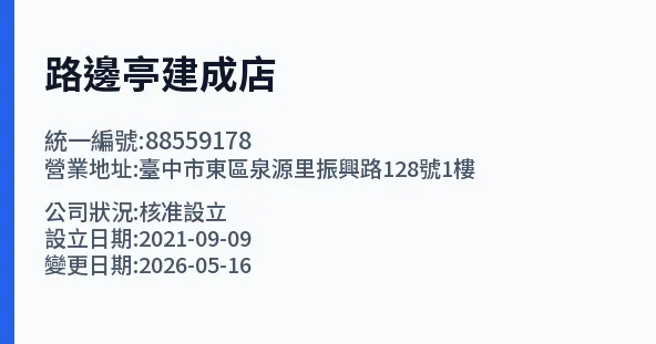 路邊亭建成店的照片-統編 88559178(臺中市) 公司登記資料與營業項目詳細圖表