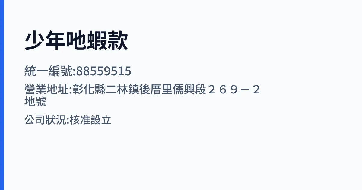 少年吔蝦款 - 統編 88559515(彰化縣) 公司登記資料與營業項目詳細圖表
