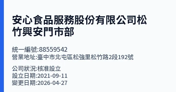 安心食品服務股份有限公司松竹興安門市部的照片-統編 88559542(臺中市) 公司登記資料與營業項目詳細圖表